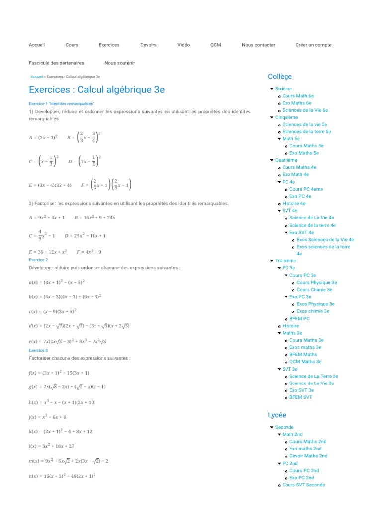 Exercices de calcul algébrique 3e | PDF | Arithmétique | Mathématiques ...