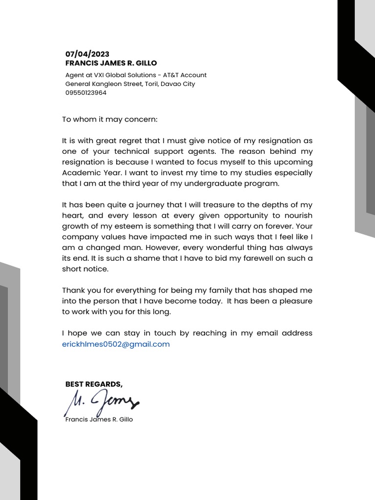 Letter Of Resignation With Regret