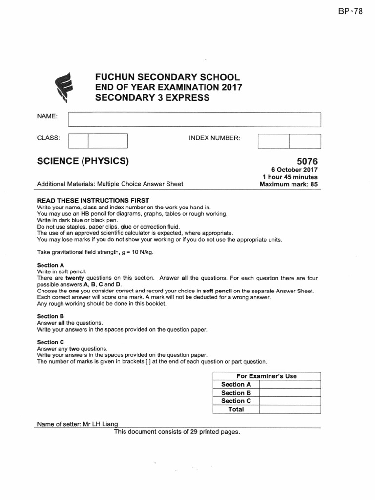 2017 Sec 3 Express Physics SA2 Fuchun Secondary | PDF