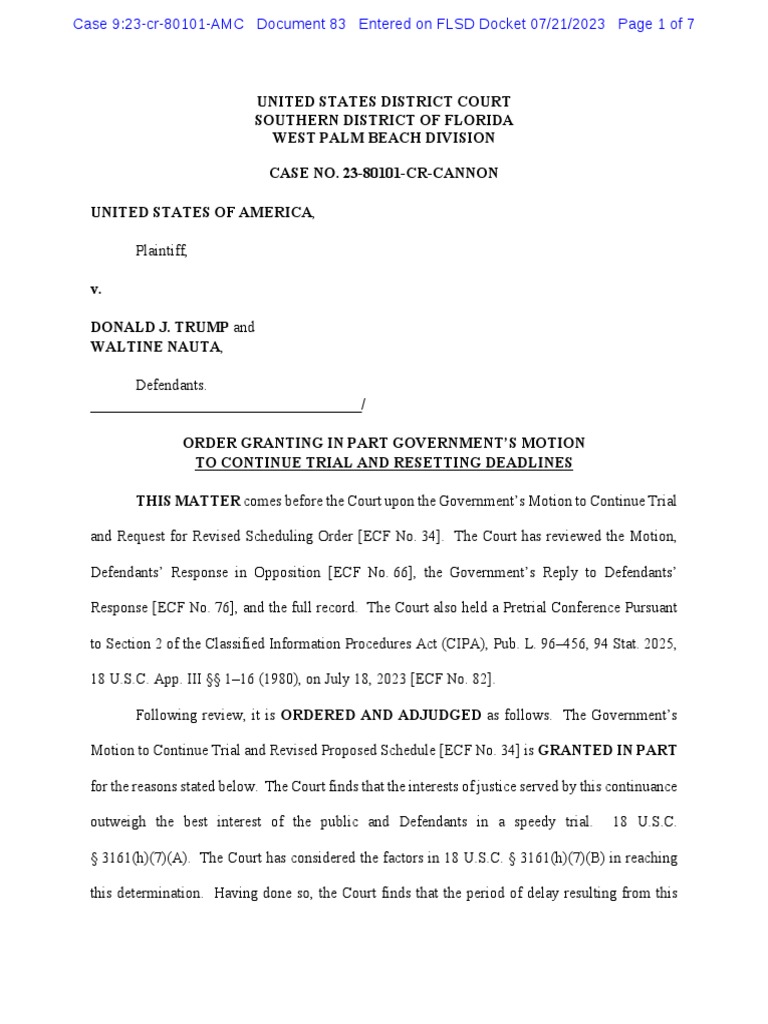 83 Order On Motion To Continue Trial | PDF | Continuance | Discovery (Law) 83 Order On Motion To Continue Trial | PDF | Continuance | Discovery (Law)