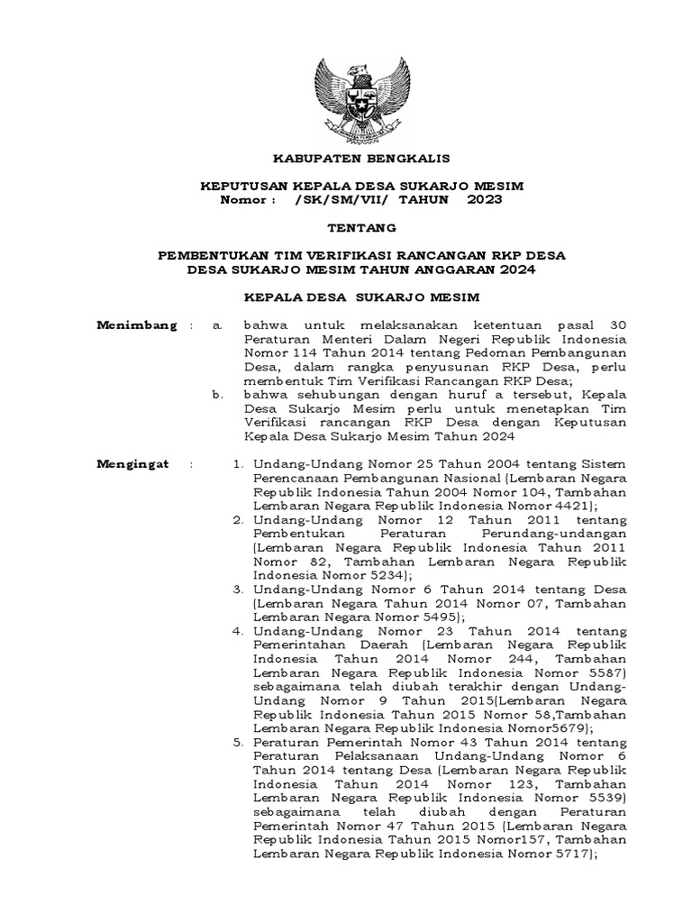 Contoh SK Tim Verifikasi RKP Desa | PDF | Griya & Taman