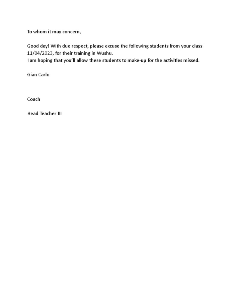 Excuse Letter Wushu | PDF