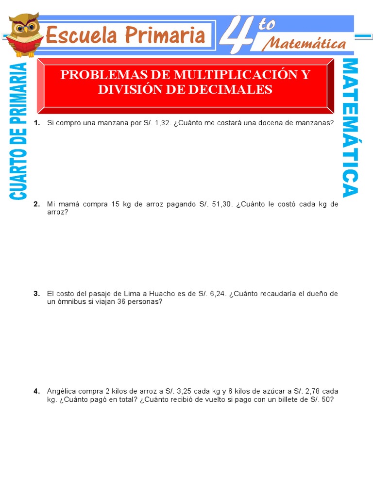 Problemas de Multiplicacion y Division de Decimales para Cuarto de ...