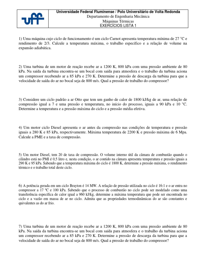Lista de Exerc 1 | PDF | Motores | Temperatura