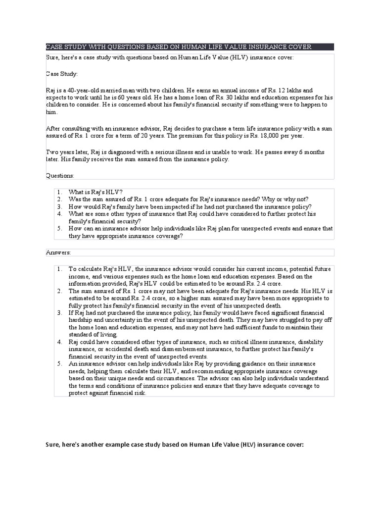 Case Study With Questions Based On Human Life Value Insurance Cover ...