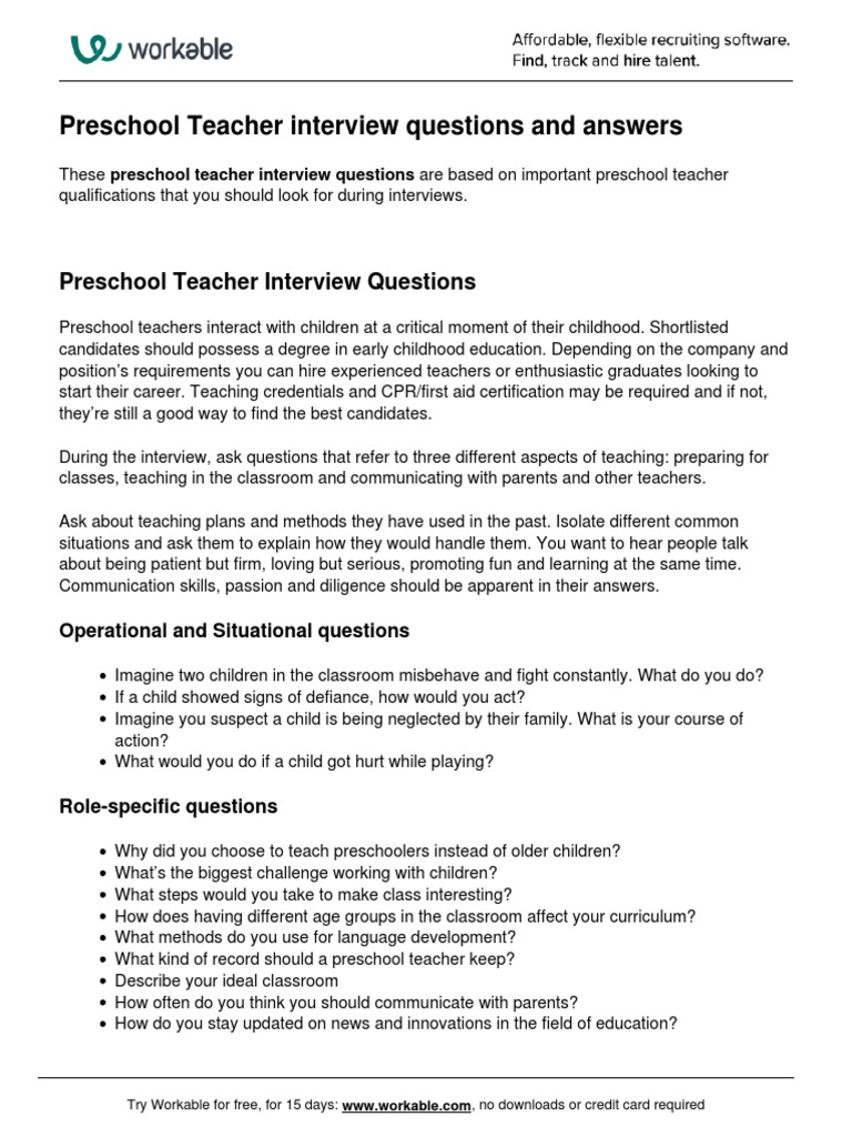 Preschool Teacher Interview Guide | PDF | Teachers | Preschool