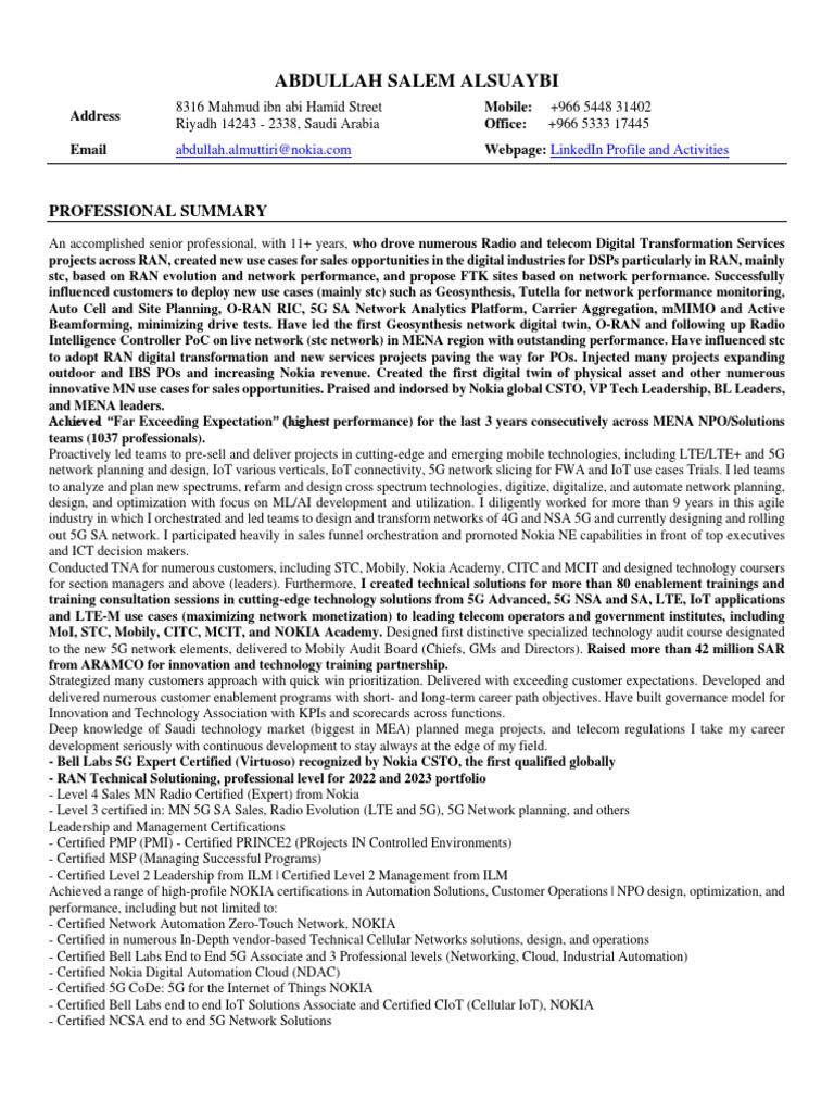 Abdullah Almuttiri CV - RAN Solution Manager - Ericsson | PDF | Internet Of Things | Nokia