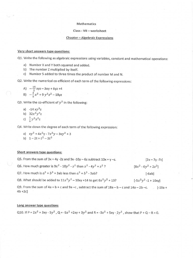 Class 7-Algebraic Expressions | PDF