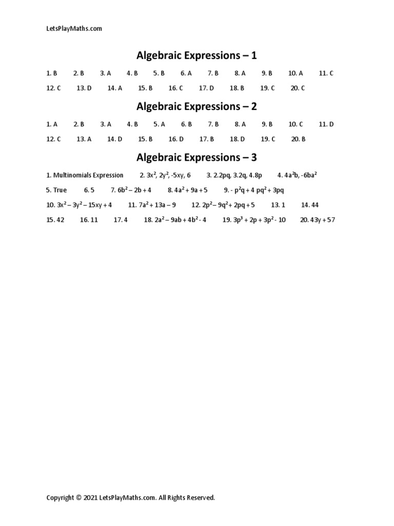 Algebraic Expressions Answer | PDF