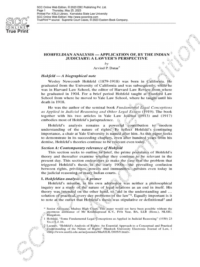 Hohfeld s Analysis Application To Indian Judiciary PDF Governance