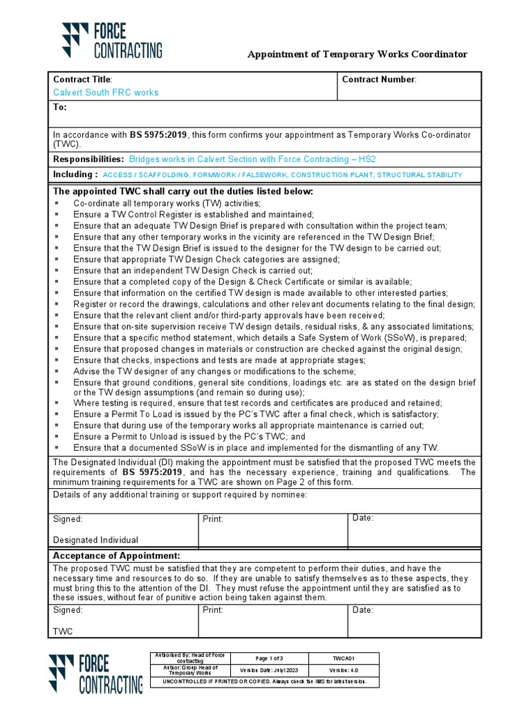 Appointment letter Temporary works | PDF | Scaffolding | Crane (Machine)