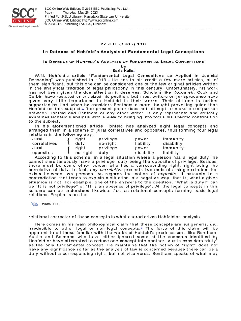 In Defence of Hohfeld's Analysis of Fundamental Legal Conceptions | PDF ...