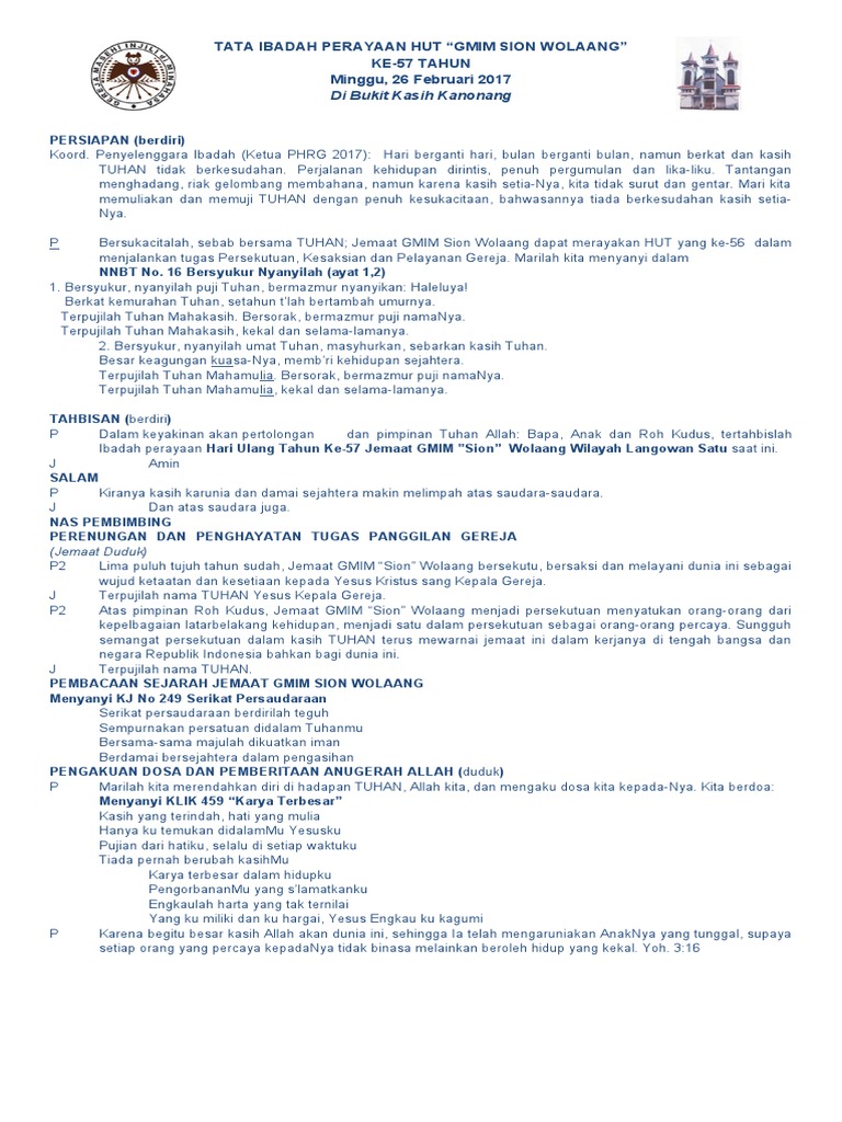 Tata Ibadah HUT KE-56 GMIM SION WOLAANG | PDF