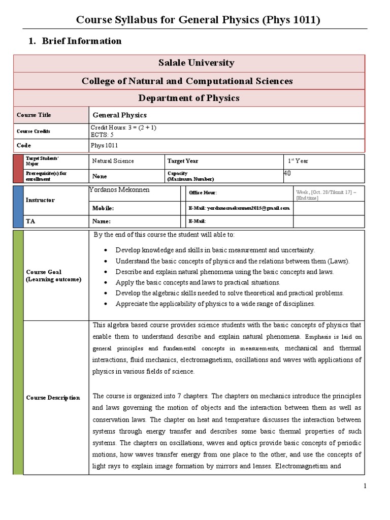 General Physics Course Outline Final GOLD MARK | PDF | Physics | Heat