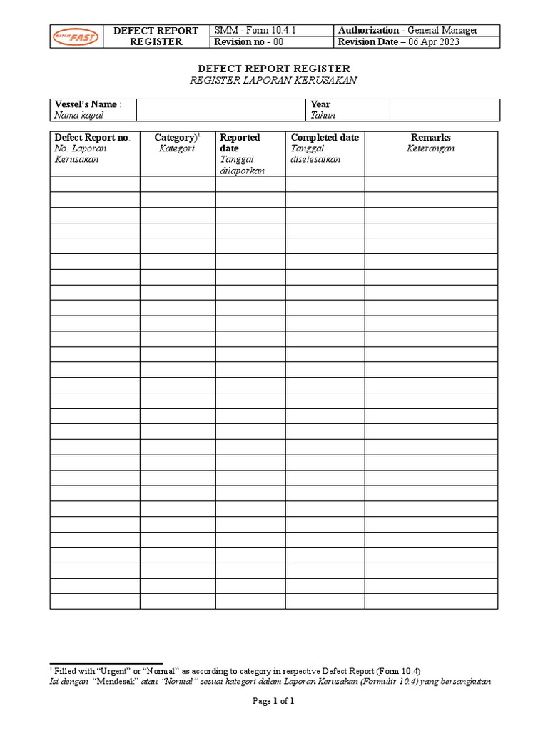 Form 10.4.1 - Defect Report Register-00-Lck | PDF