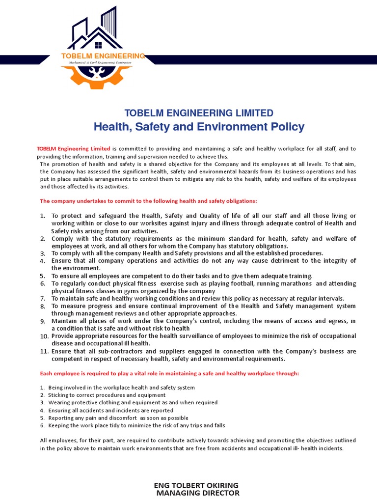 Health Safety and Enviroment Policy | PDF | Occupational Safety And ...