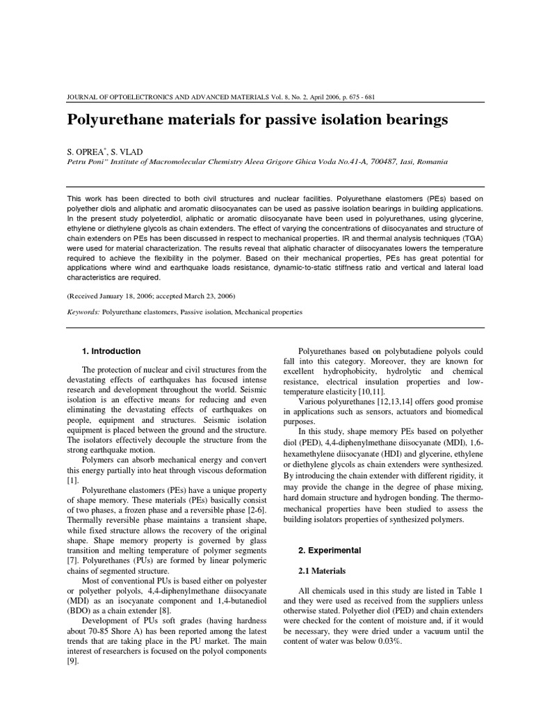 Opera-Polyurethane Materials For Passive Isolation Bearings | PDF | Polyurethane | Polymers