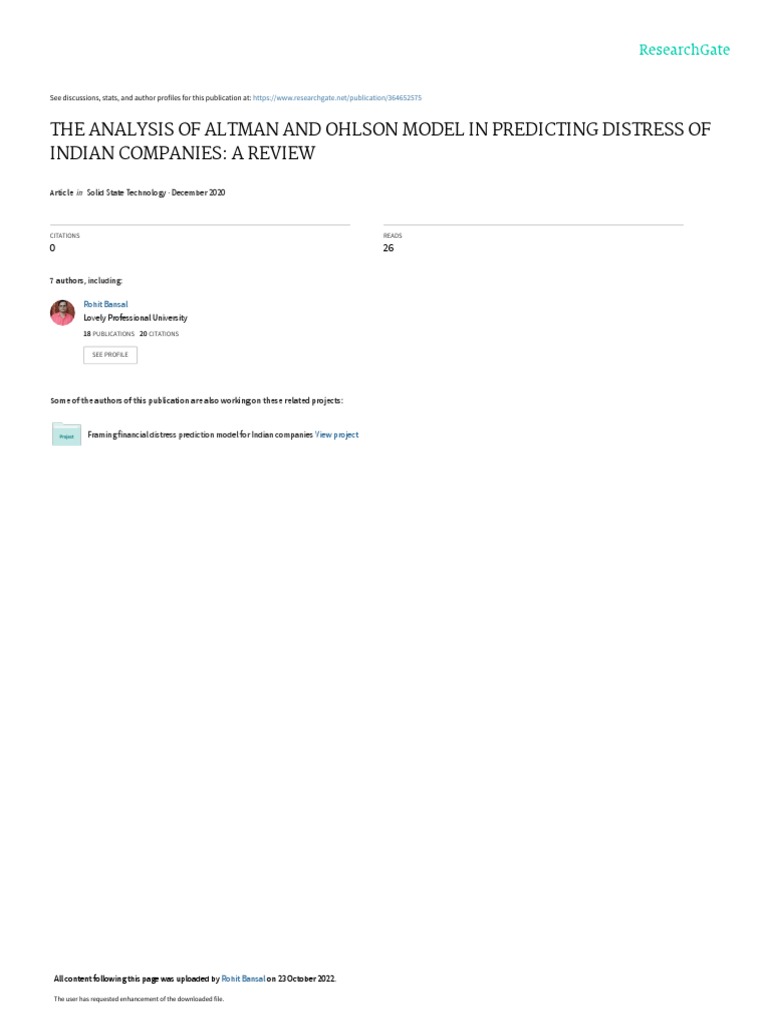 Journal Rohit Bansal 2020 The Analysis of Altman and Ohlson Model in ...