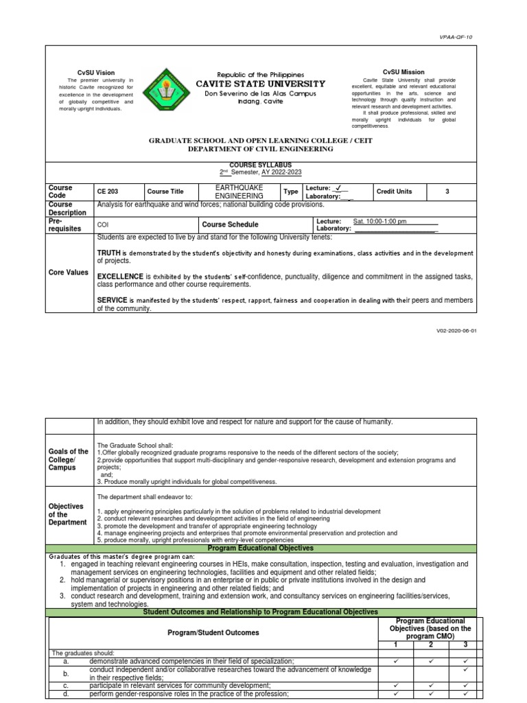 CE 203 VPAA QF 10 Revised Course Syllabus - March. - 2023final LEROCELA ...