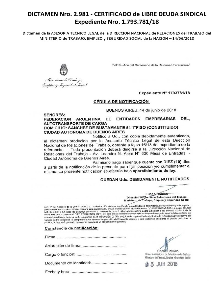 Certificado de Libre Deuda Sindical | PDF