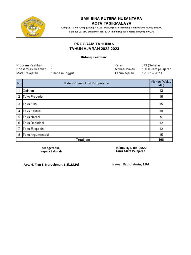 Bahasa Inggris - Prota Dan Prosem Ta 2022-2023 - Kls Xi | PDF