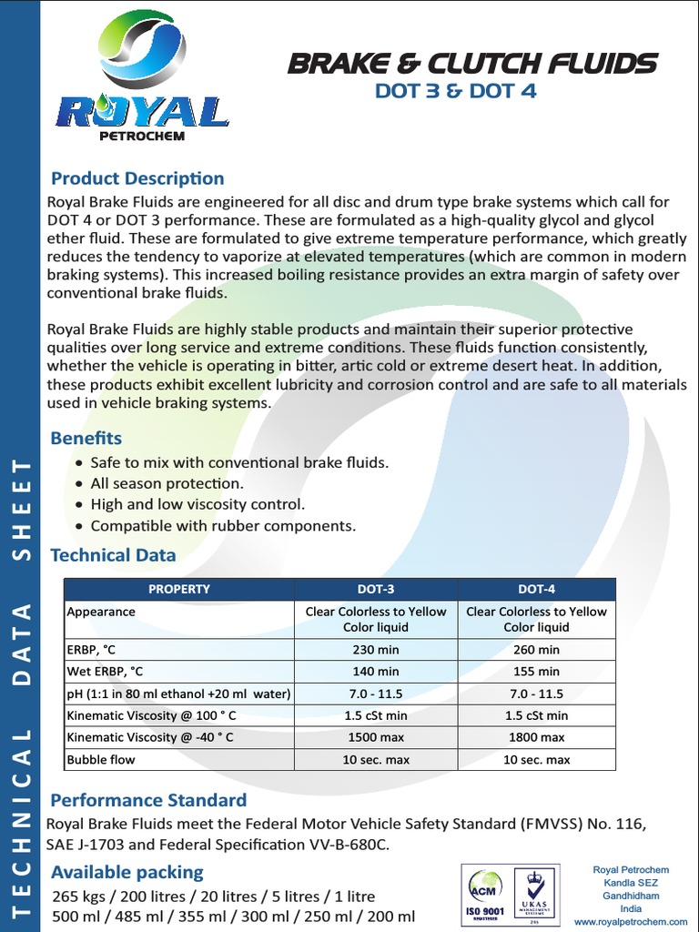 TDS - Brake Fluids - DOT-3 & DOT-4 | PDF | Civil Engineering | Fluid ...