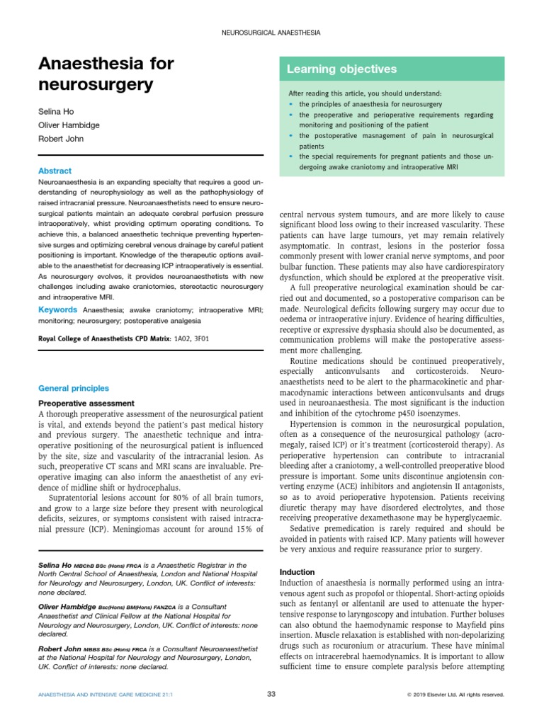 Neuroanaesthesia Techniques and Challenges | PDF | Anesthesia ...