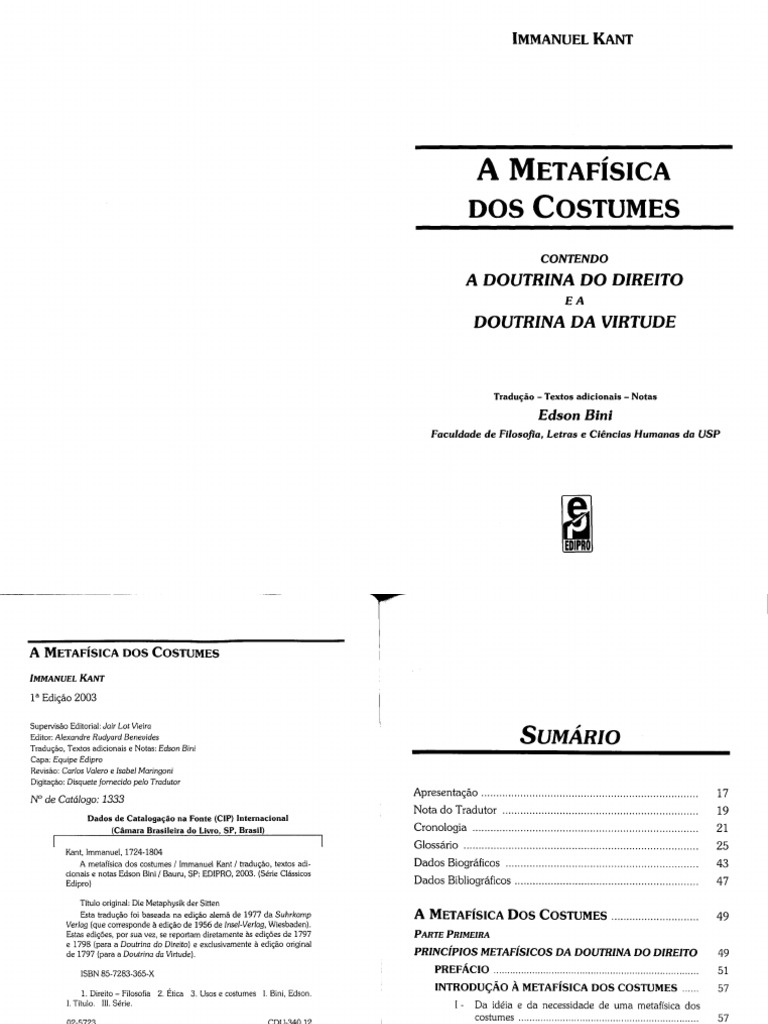 Immanuel Kant A Metafisica Dos Costumes | PDF