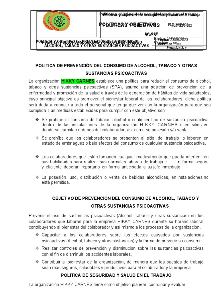Políticas y Objetivos de Seguridad y Salud en El Trabajo 0.1 | PDF ... Políticas y Objetivos de Seguridad y Salud en El Trabajo 0.1 | PDF ...