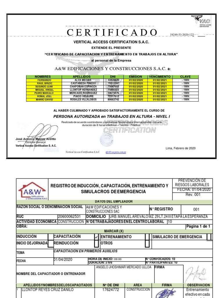 Certificado de Entrenamiento de Campo-Danilo Llontop Reyes | PDF