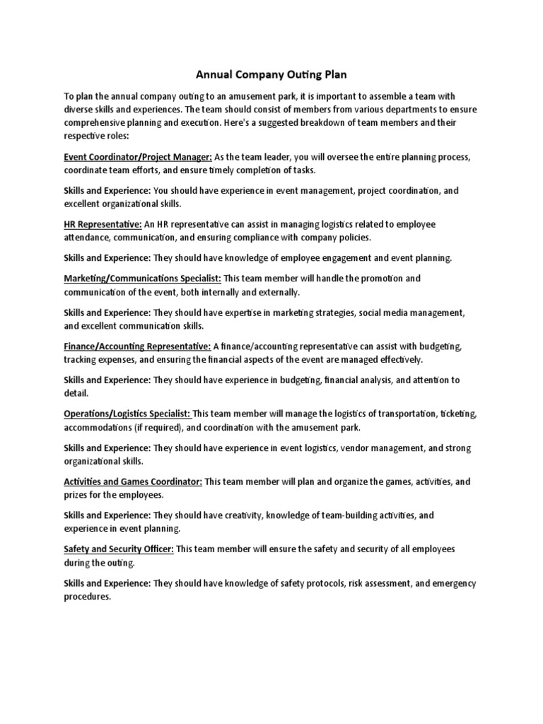Annual Company Outing Plan | PDF | Experience | Logistics