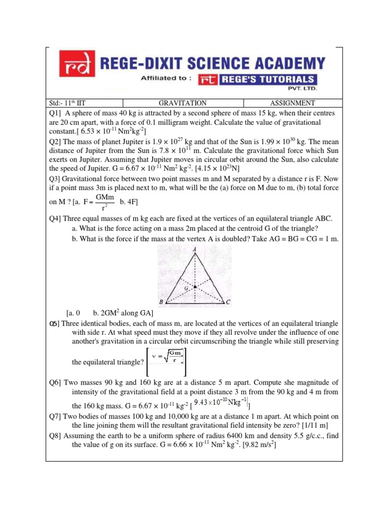 11th Gravitation Assignment Pdf Mass Gravity 2722