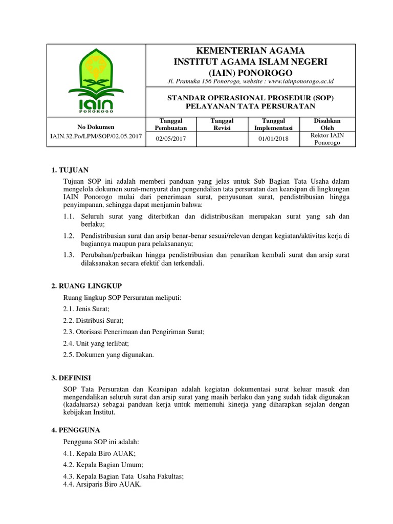 SOP Pelayanan Tata Persuratan IAIN | PDF