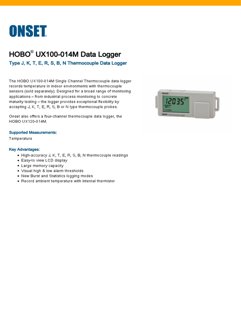 HOBO UX100 014M Data Logger Datasheet - Opt | PDF | Thermocouple ...