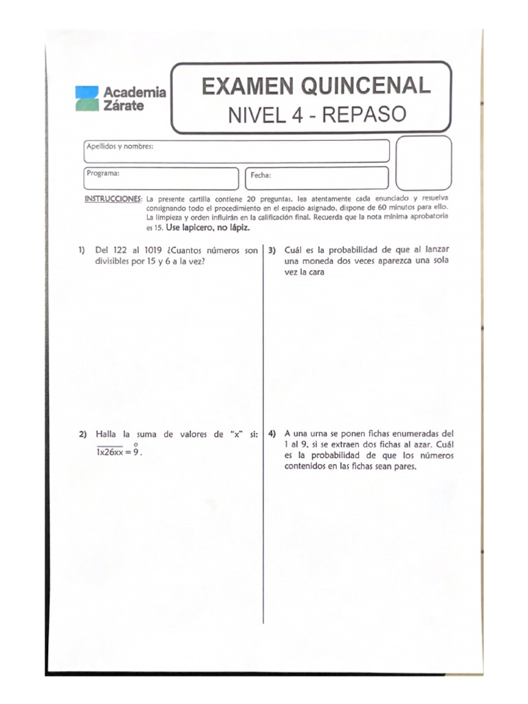 Examen Quincenal Nivel 4 - Repaso | PDF