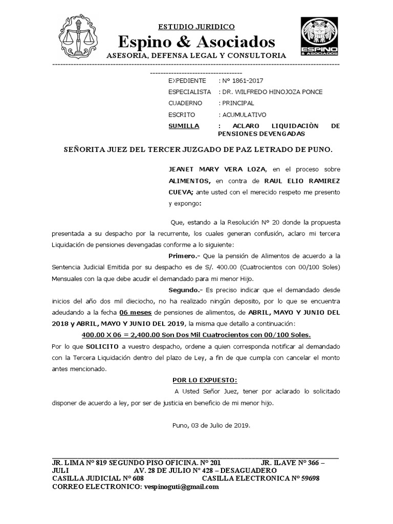 Aclaracion de Liquidacion de Pensiones Alimentos Mary Vera | PDF ...