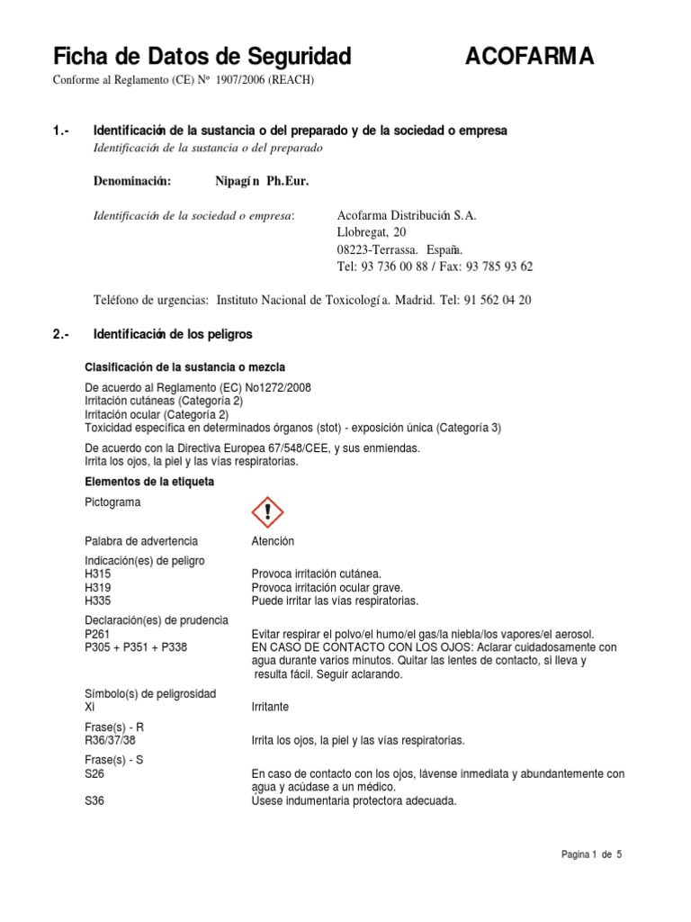 Ficha de Seguridad Del Metil Parabeno | PDF | Agua | Residuos