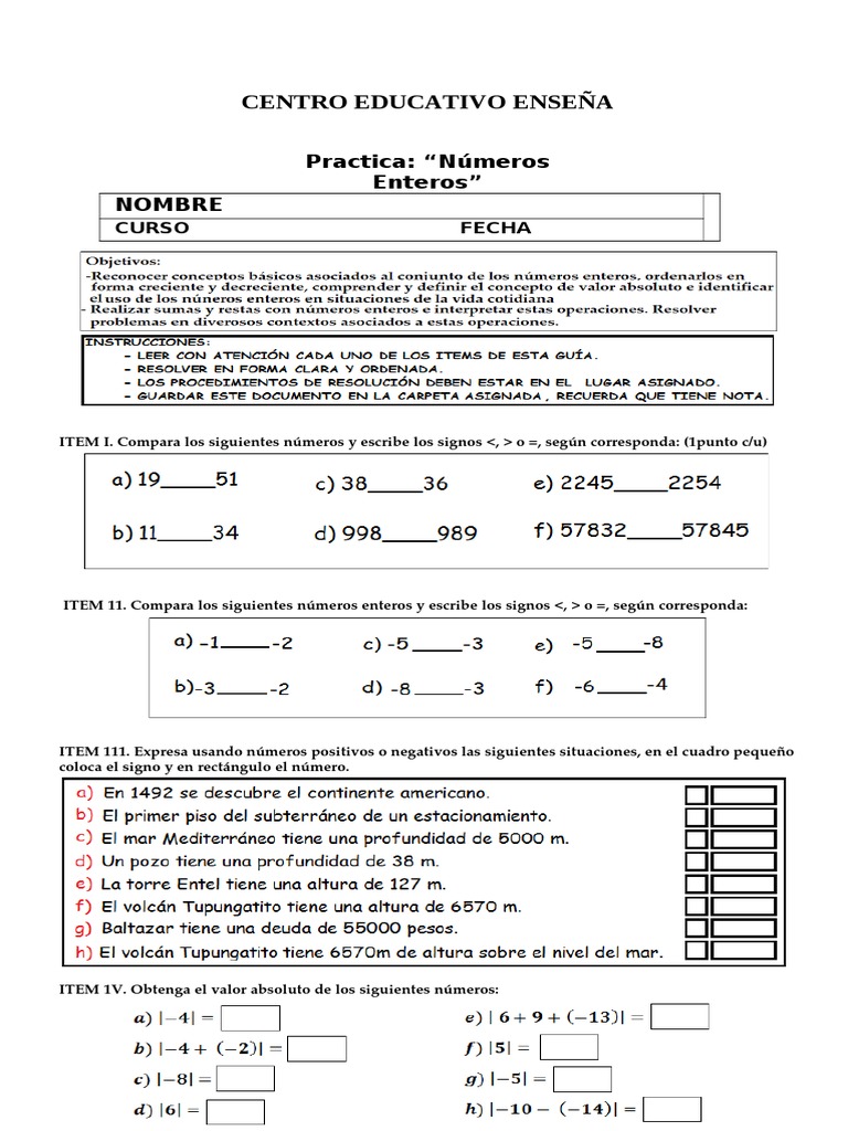 Guía de Números Enteros | PDF