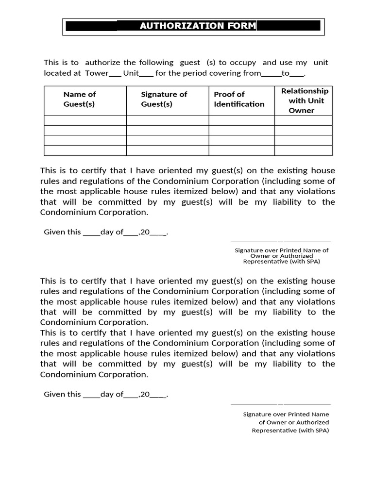 Authorization Form: Name of Guest(s) Signature of Guest(s) Proof of ...