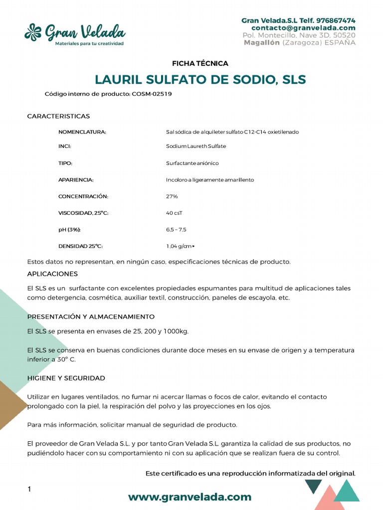 Ficha Técnica LAURIL SULFATO DE SODIO, SLS | PDF