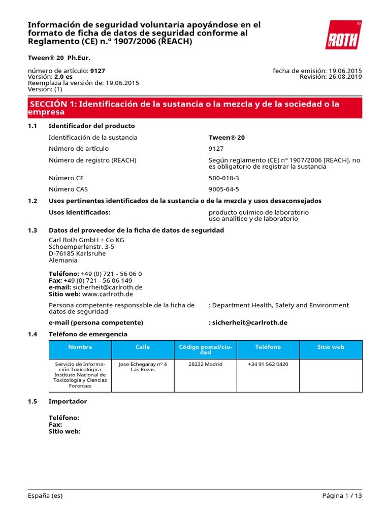 MSDS Tween 20 | PDF | Residuos | Toxicidad