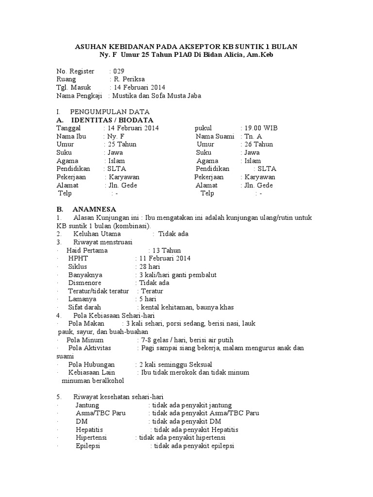 Asuhan Kebidanan Pada Akseptor KB Suntik 1 Bulan | PDF