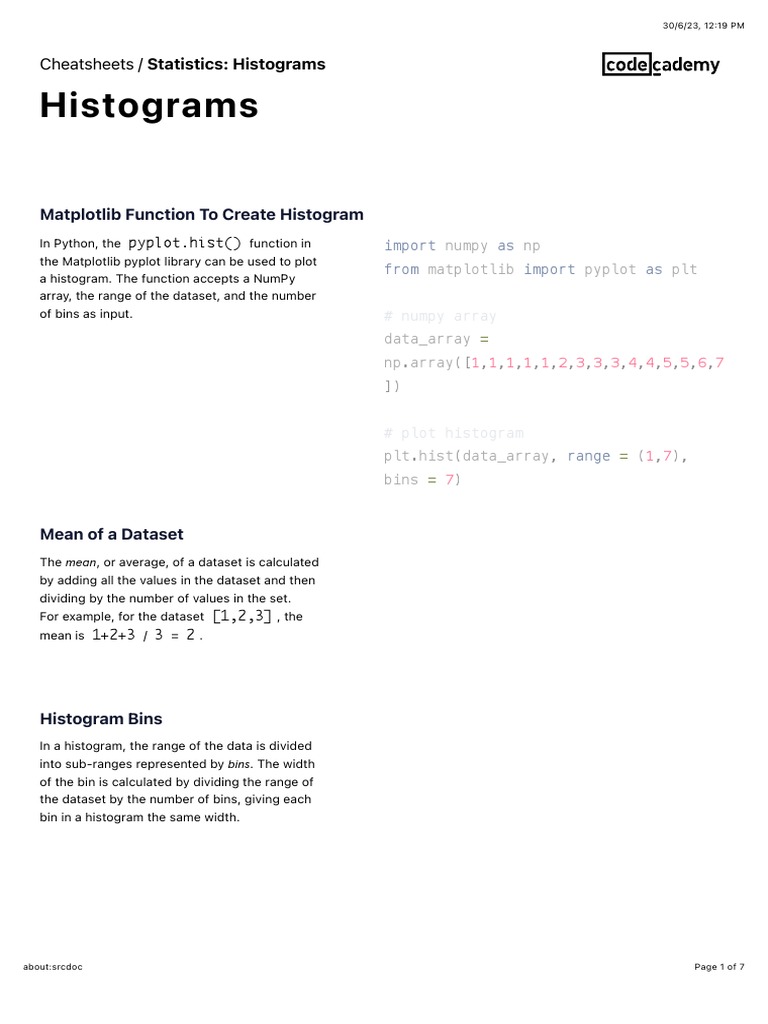 Statistics: Histograms: Histograms Cheatsheet - Codecademy | PDF | Histogram | Skewness