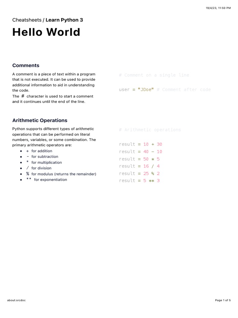 Learn Python 3: Hello World Cheatsheet - Codecademy | PDF | Numbers | Variable (Computer Science)