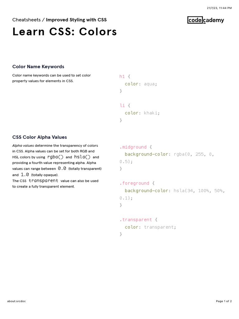 Improved Styling With CSS: Learn CSS: Colors Cheatsheet - Codecademy ... Improved Styling With CSS: Learn CSS: Colors Cheatsheet - Codecademy ...