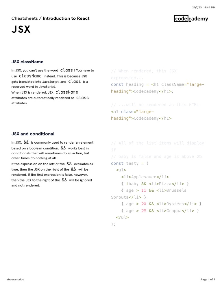 Introduction To React: JSX Cheatsheet - Codecademy | PDF | Java Script ... Introduction To React: JSX Cheatsheet - Codecademy | PDF | Java Script ...