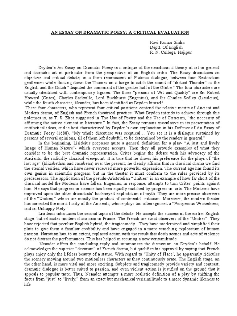 An Essay On Dramatic Poesy A Critical Evaluation | PDF | John Dryden