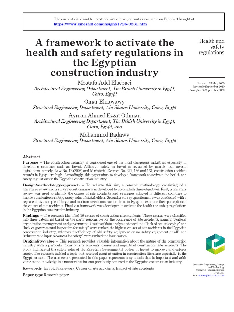 Framework for Safety in Egyptian Construction | PDF | Occupational ...