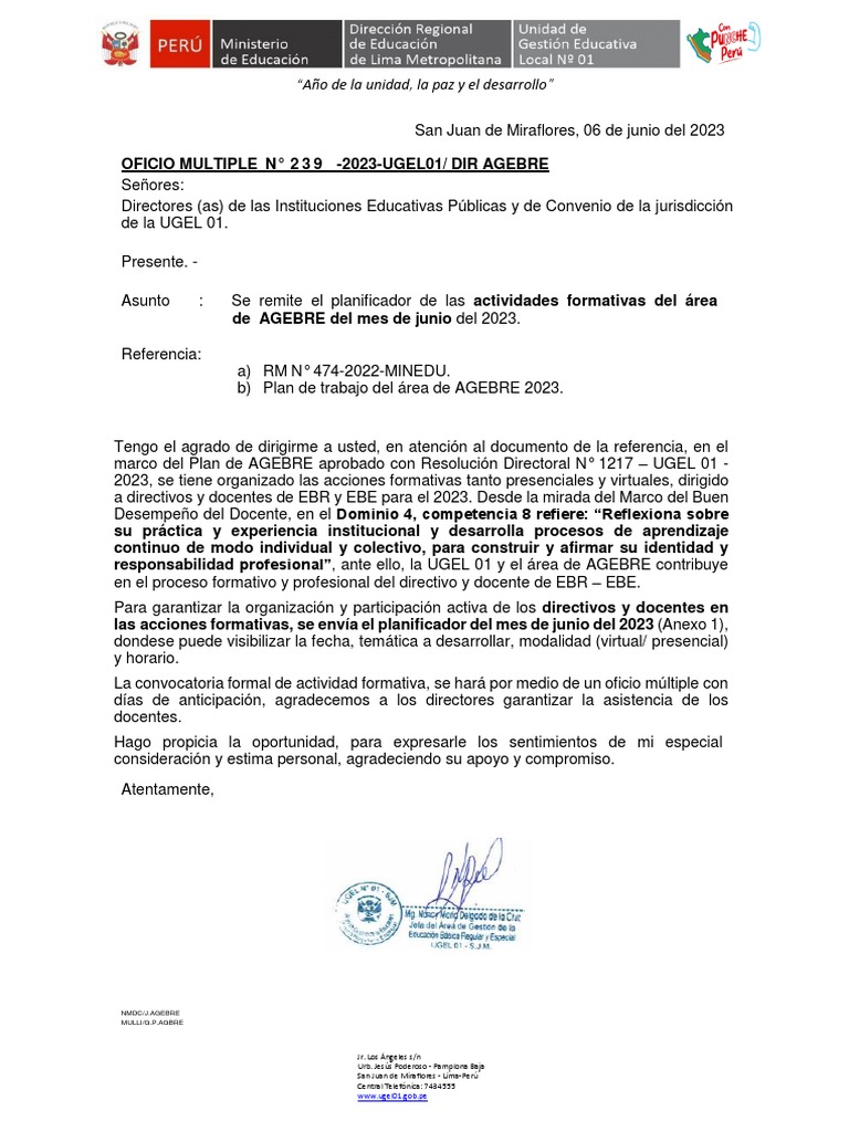 Oficio Multiple 239-Agebre-2023 Planificador de Actividades Formativas Junio | PDF | Aprendizaje