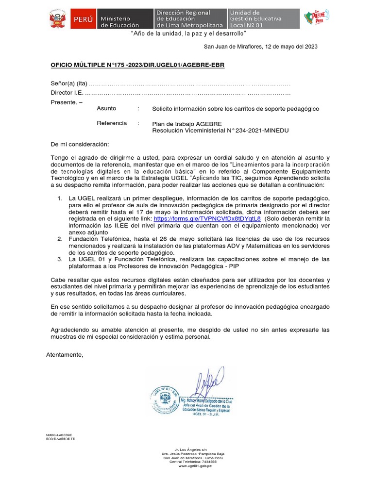 Oficio Multiple 175-2023 Solicito Informacion Sobre Los Carritos de Soporte Pedagogico Ok | PDF